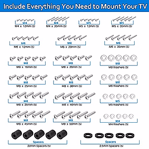 Universal TV Mount Screws, Stainless Steel TV Mounting Hardware Kit Includes M4 M5 M6 M8 TV Bolts, Washers, and Spacers, Fit All Flat and Curved Screen TVs up to 80 inches (105 pcs)
