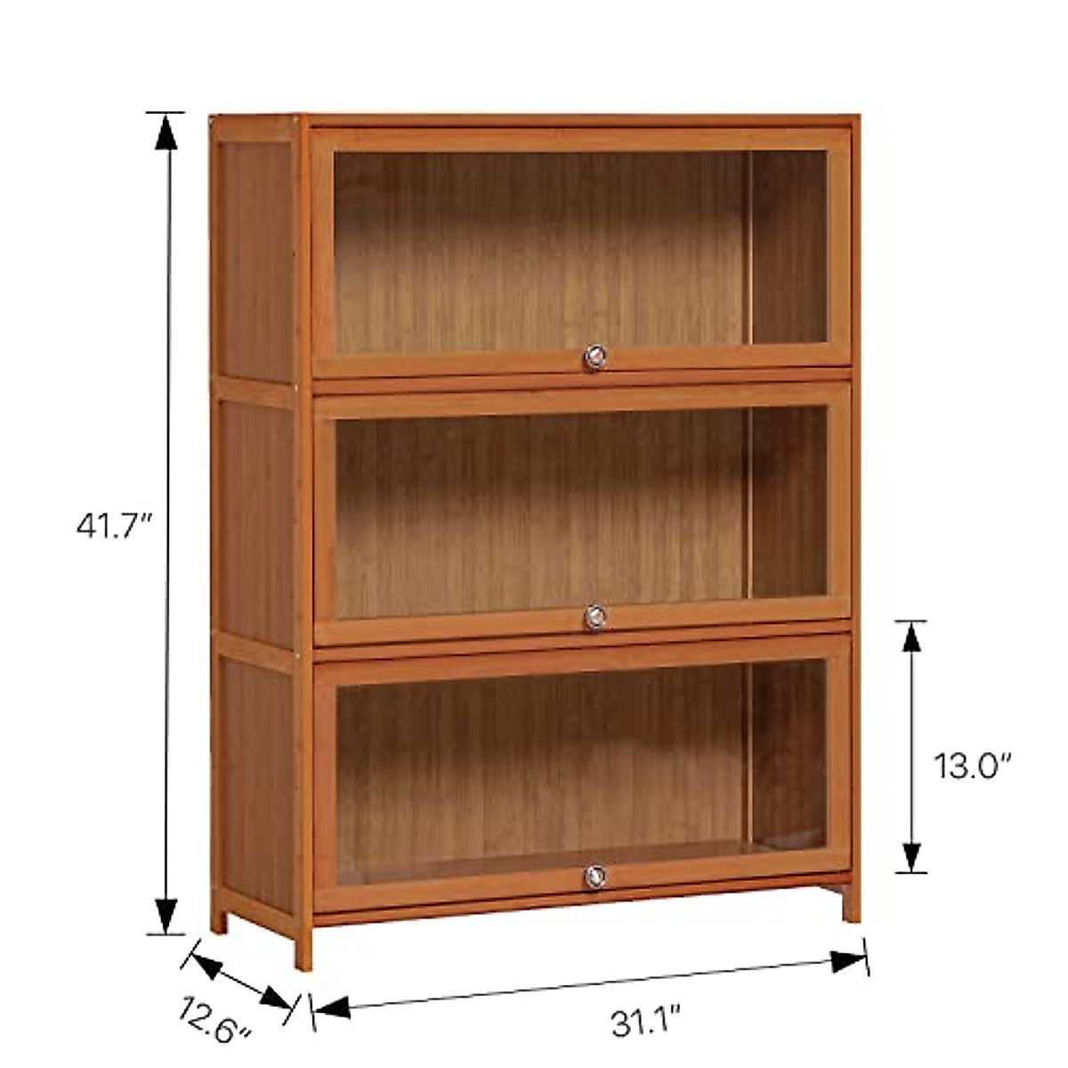 MoNiBloom Bamboo Bookshelf with Acrylic Doors 3 Tier Freestanding Bookcase Storage Stand for Living Room Office Bedroom, Brown