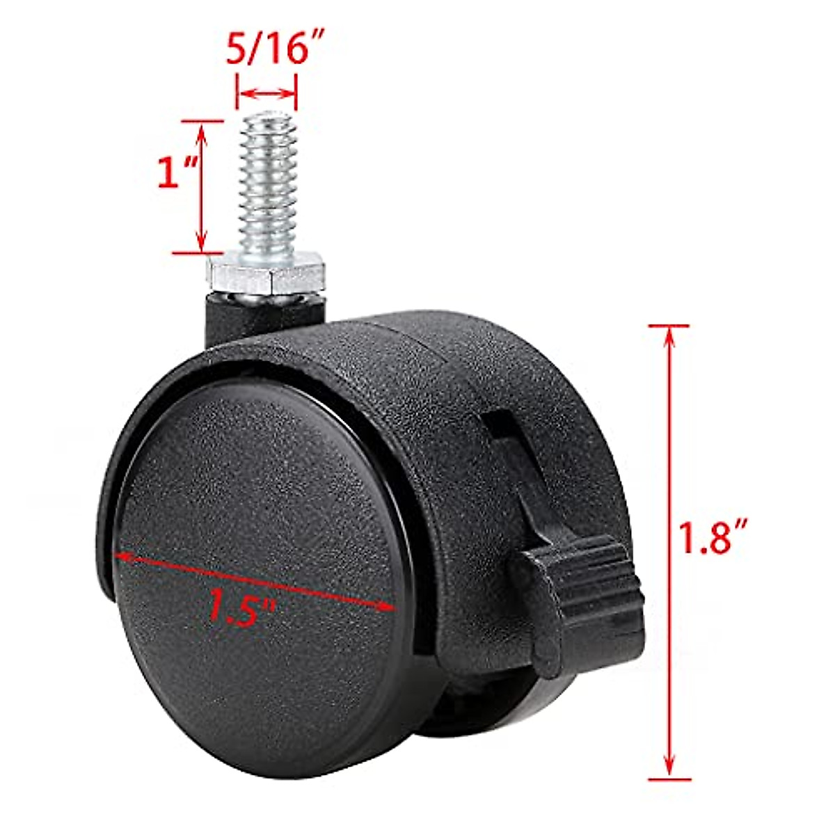 Skelang 4 Pcs 1.5" Nylon Plastic Swivel Stem Casters Wheel with Brakes, Stem Diameter 5/16” for Office Chair, Game Chair, Kitchen Shelf, Sofa