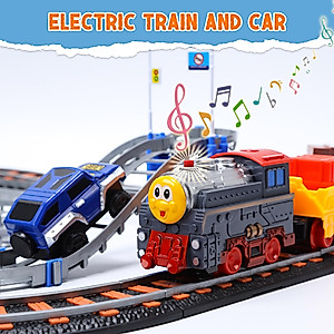 CUTE STONE Toy Train Set for Toddler, Train Track Set with Cars, Electric Train with Realistic Sound, Train Track Playset for 3 4 5 Years Old Girls & Boys