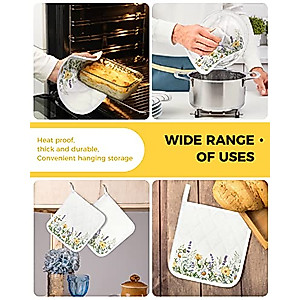 4Pack Pot Holders Cotton Heat Resistant Oven Hot Pads, Daisy Lavender Flowers Potholder Cloth Potholders for Daily Kitchen Baking and Cooking with Hanging Loops - Spring Summer Floral Green Leaves