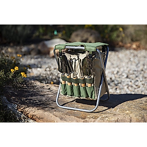 ONIVA - a Picnic Time brand Gardener Folding Seat with Tools, Garden Stool with Detachable Storage Tote Bag, Portable Chair Seat with Garden Tools Set Organizer, Olive Green with Beige Accents