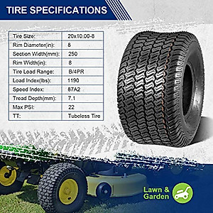 MaxAuto 20x10.00-8 Lawn Mower Tires, 20x10-8 Tractor Turf Tire, 20x10x8 NHS Tires, 4Ply Tubeless, Set of 2