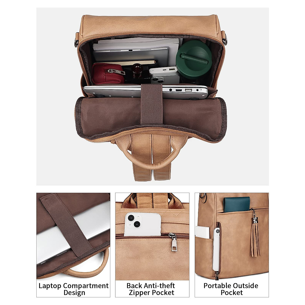 FADEON Laptop Backpack Purse for Women Large Designer PU Leather Laptop Bag, Ladies Computer Shoulder Bags