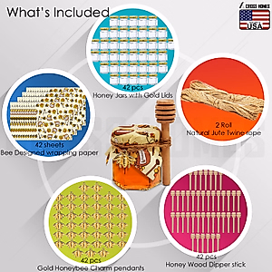 Honey Pot Hexagon Glass Honey Jar 1.5oz 42sets - Honey Jars with Wood Dipper Gold Lid Gold Bee Charm Pendant Decorative Bee Wrapping Paper Jute Hanging Rope - Wedding Favors Baby Shower Party Favors