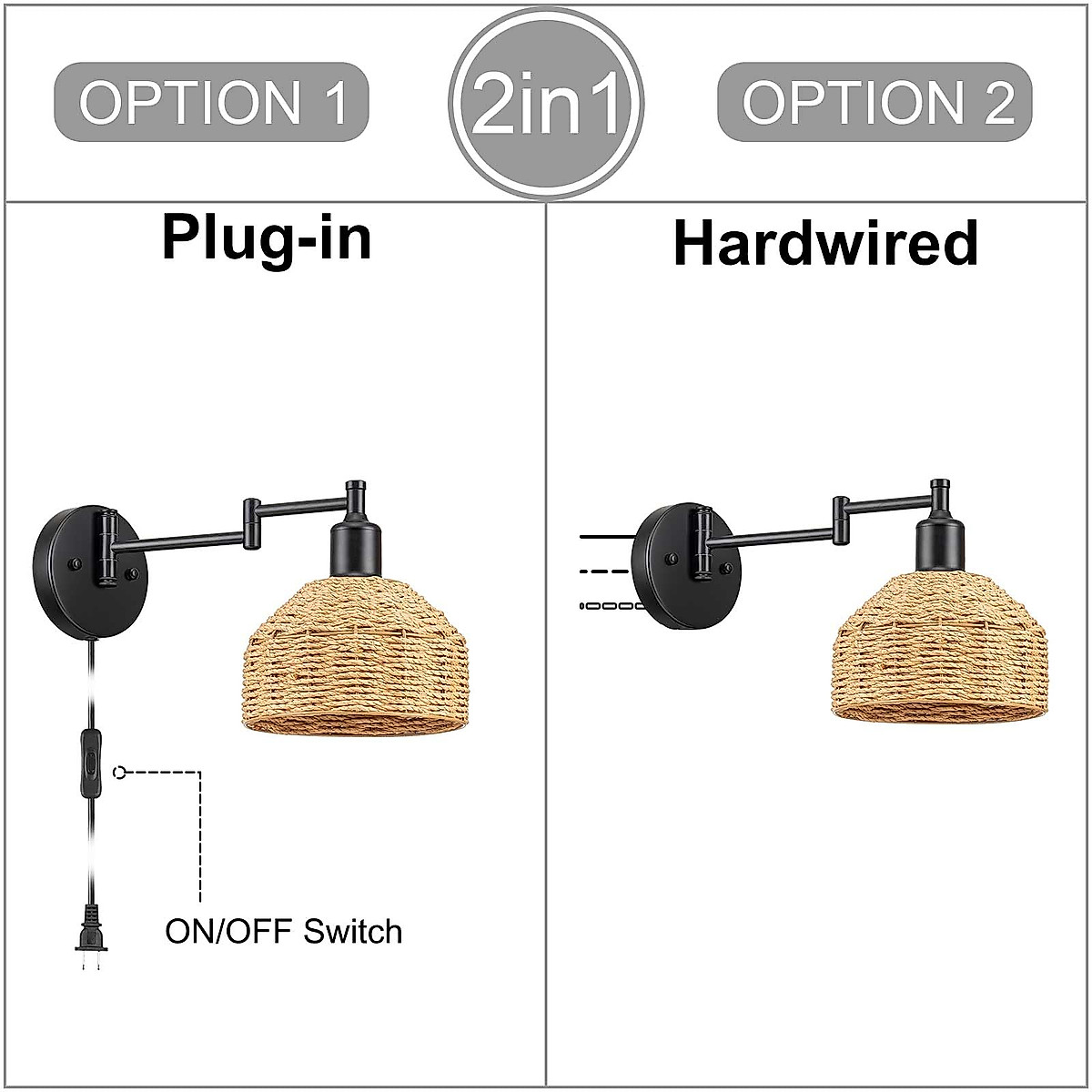 Plug in Wall Sconces, Swing Arm Wall Lamp with Natural Paper String Lampshade Set of 2, Vintage Adjustable Wall Mounted Sconce Wall Lighting Fixture for Bedroom,Bedside,Kitchen,Living Room,Reading