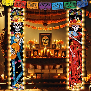 Aovaely LED Day of The Dead Sign Banners Decorations, Light Up Sugar Skull Dia De Los Muertos Altar Decorations for Halloween Day of The Dead Party Outdoor Indoor Home Decor Supplies 71x12 Inches