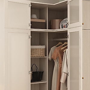 Homsee L-Shape Armoire Wardrobe Closet with Frosted Glass Doors, Hanging Bar & Shelves, Wooden Closet Storage Cabinet with Top Cabinet for Bedroom, Warm Grey (35.4”L x 35.4”W x 86.6”H)