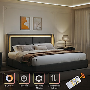 LIMGLIM Full Size Bed Frame with Storage, LED Full Bed Frame and Wingback Headboard, Upholstered Platform Bed Frame with Drawers, No Box Spring Needed, No-Noise, Easy Assembly, Grey