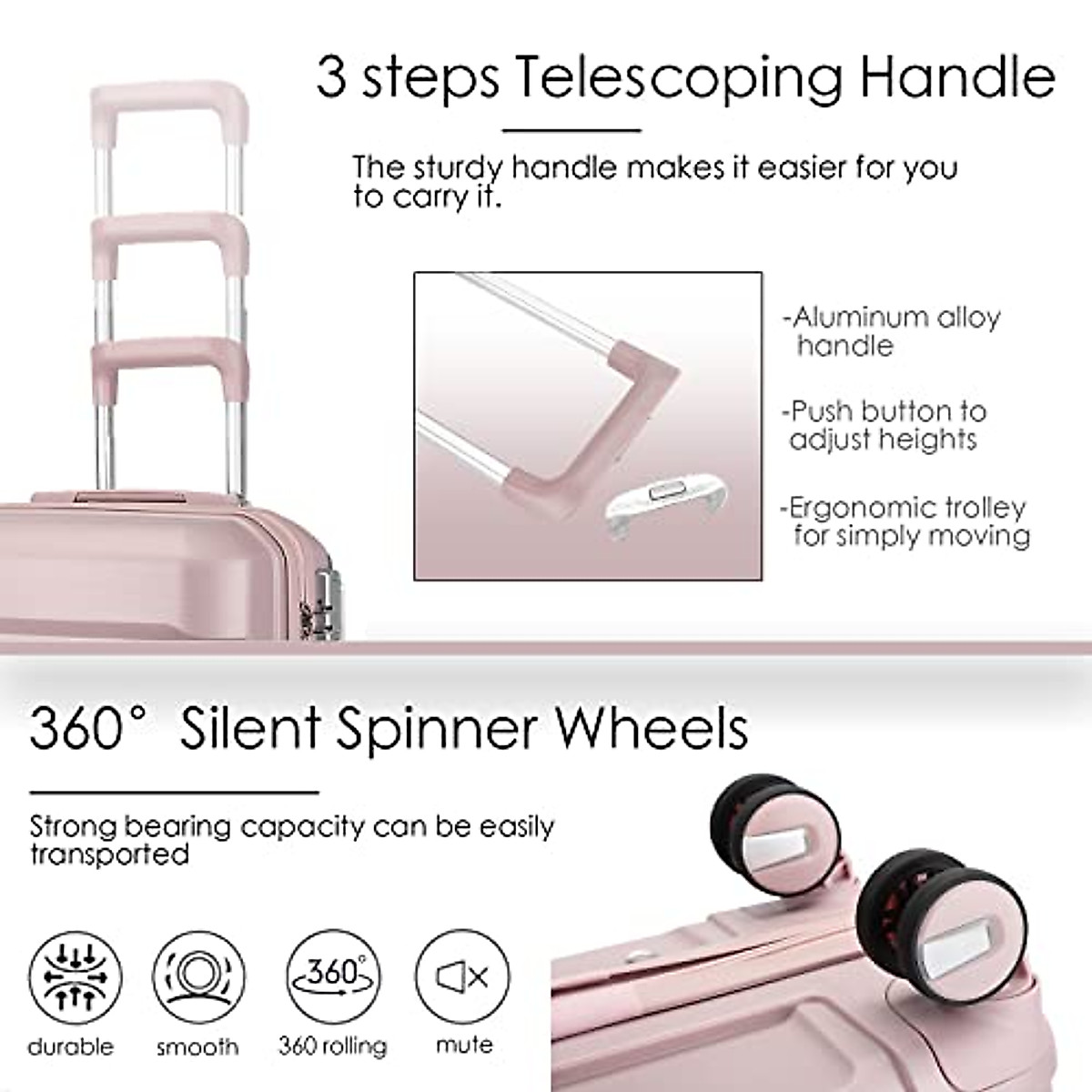 Somago 4 Pieces Luggage Set(14/20/24/28) PP Lightweight 4 Double Rolling Wheels Suitcase With TSA Lock & YKK Zipper Bussiness Trip (Rose Pink)