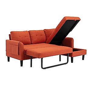 Eafurn 3 Seater Sectional Chaise Lounge and Storage,L Shaped Convertible Pull Out Bed,Comfy Velvet Upholstery Corner Sofa & Couches Button Tufted Living Room Furniture Sets, Orange 72.44"
