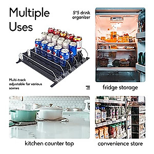 CNDSE Soda Can Organizer for Refrigerator,Spring Loaded Fridge Drink Organizer,Width-adjustable Push Rod Slide Rail Drink Dispenser for Refrigerator,Black (14.9in-6)