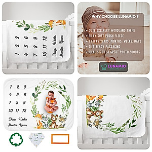 LUNAMIO Baby Monthly Milestone Blanket Boy Girl, Woodland Nursery Decor for Boys, Baby Milestone Blanket, Baby Boy Milestone Blanket, Woodland Baby Shower, Milestone Blanket for Baby Girl Boy, 50"x40"
