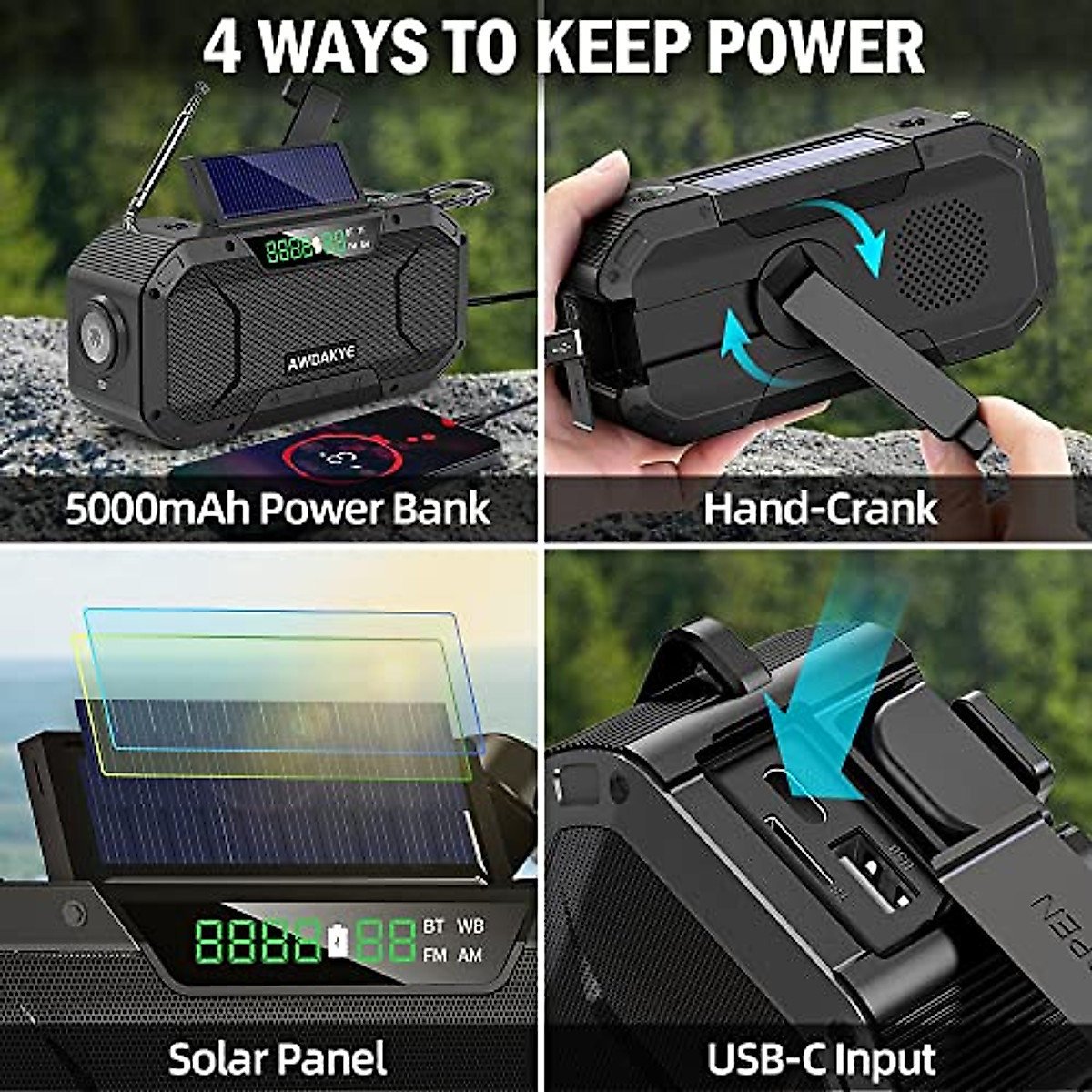 5000mAh Emergency Weather Radio with Bluetooth Speaker, Waterproof Hand Crank Digital NOAA AM FM Weather Radio, Solar Radio with Flashlight, Cell Phone Charger, Compass, Camping Survival Gear