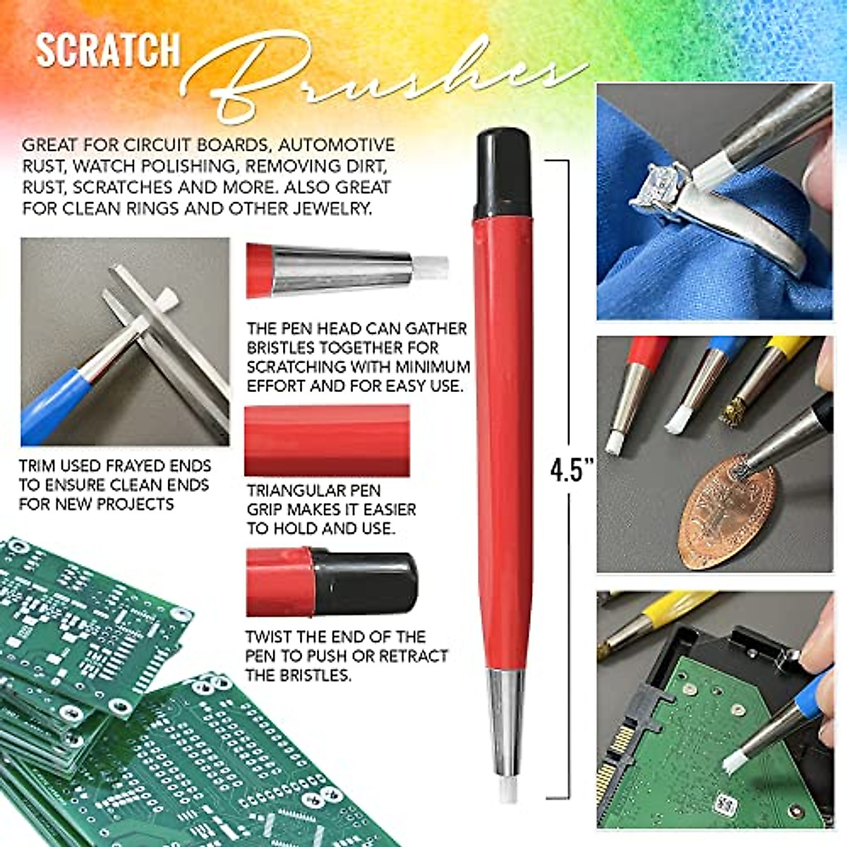 Pixiss Scratch Brush Pen Set with Replacement Tips, Fiberglass, Steel, Brass, Nylon, 5-inches Pen Style Prep Sanding Brush 4-Pack for Corrosion, Rust, Jewelry, Circuit Boards and Auto Body Work
