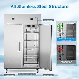 Mojgar Commercial Refrigerator and Freezer Combo,48" W Dual Temperature Zones,All Stainless Steel Design,38 Cu.ft 8 Adjustable Shelves Refrigerator and Freezer Combo for Restuarant,Shop,Garage,etc
