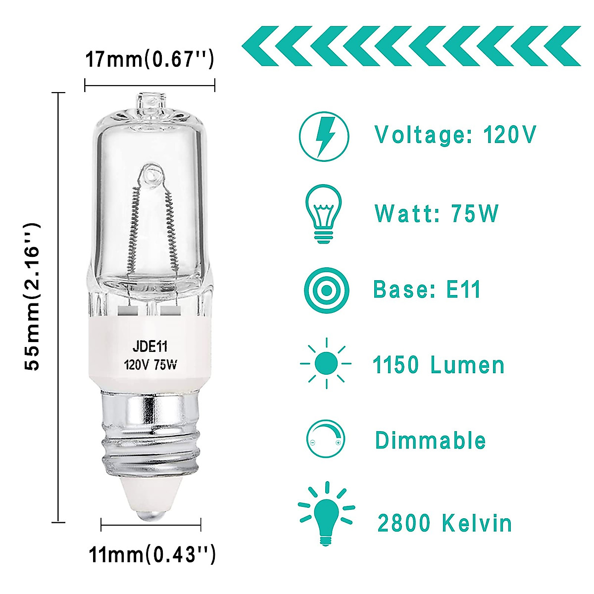 YBEK JDE11 75W 120V Halogen Bulb T4 Mini Candelabra Base Warm White 2800K Dimmable JD E11 Bulbs(Pack of 5)