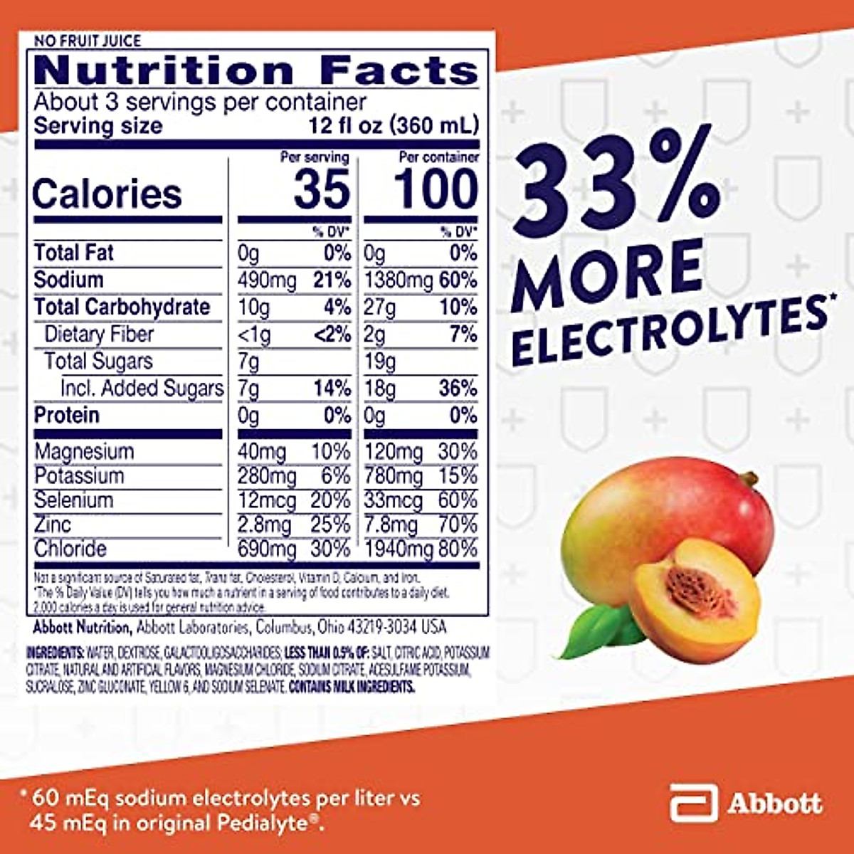 Pedialyte with Immune Support, Peach Mango, 4 Count, Electrolyte Hydration Drink, with Zinc, Selenium, and Magnesium, 1 Liter