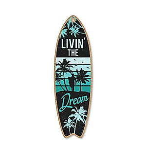 Honey Dew Gifts Livin’ The Dream, 5 inch by 16 inch Surfboard, Wood Sign, Tiki Bar Decoration, Beach Themed Decor, Decorative Wall Sign, Home Decor