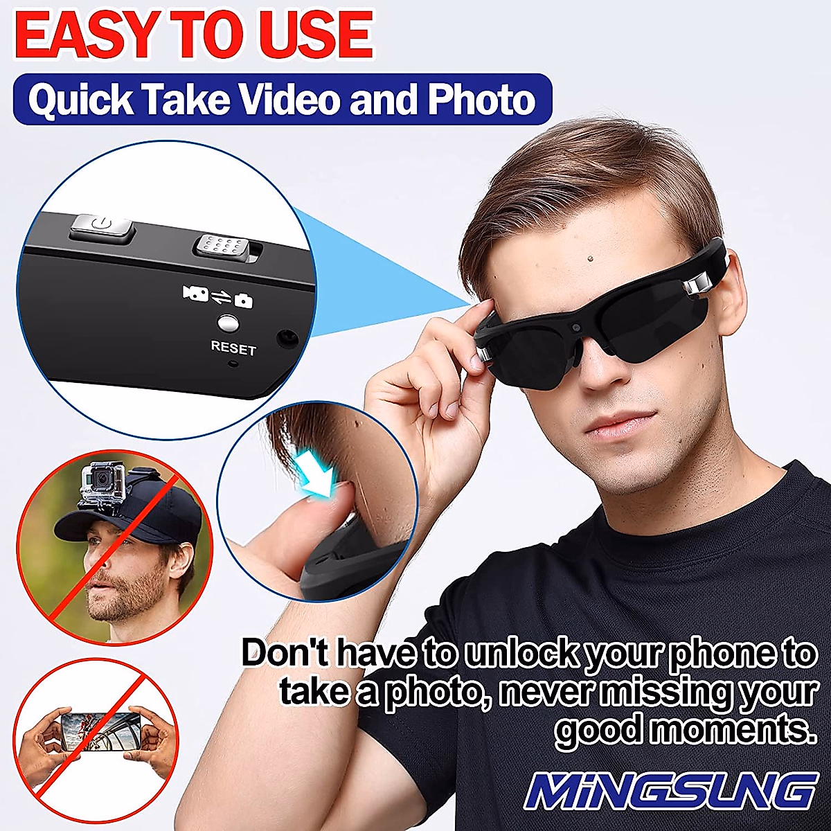 MingSung MS20 Camera Video Sunglasses, Built in HD1080P Camera, Film Hands Free for Sports, Hiking, Biking, Fishing, Scouting, Driving, Hunting(Include 32G MicroSD Card)