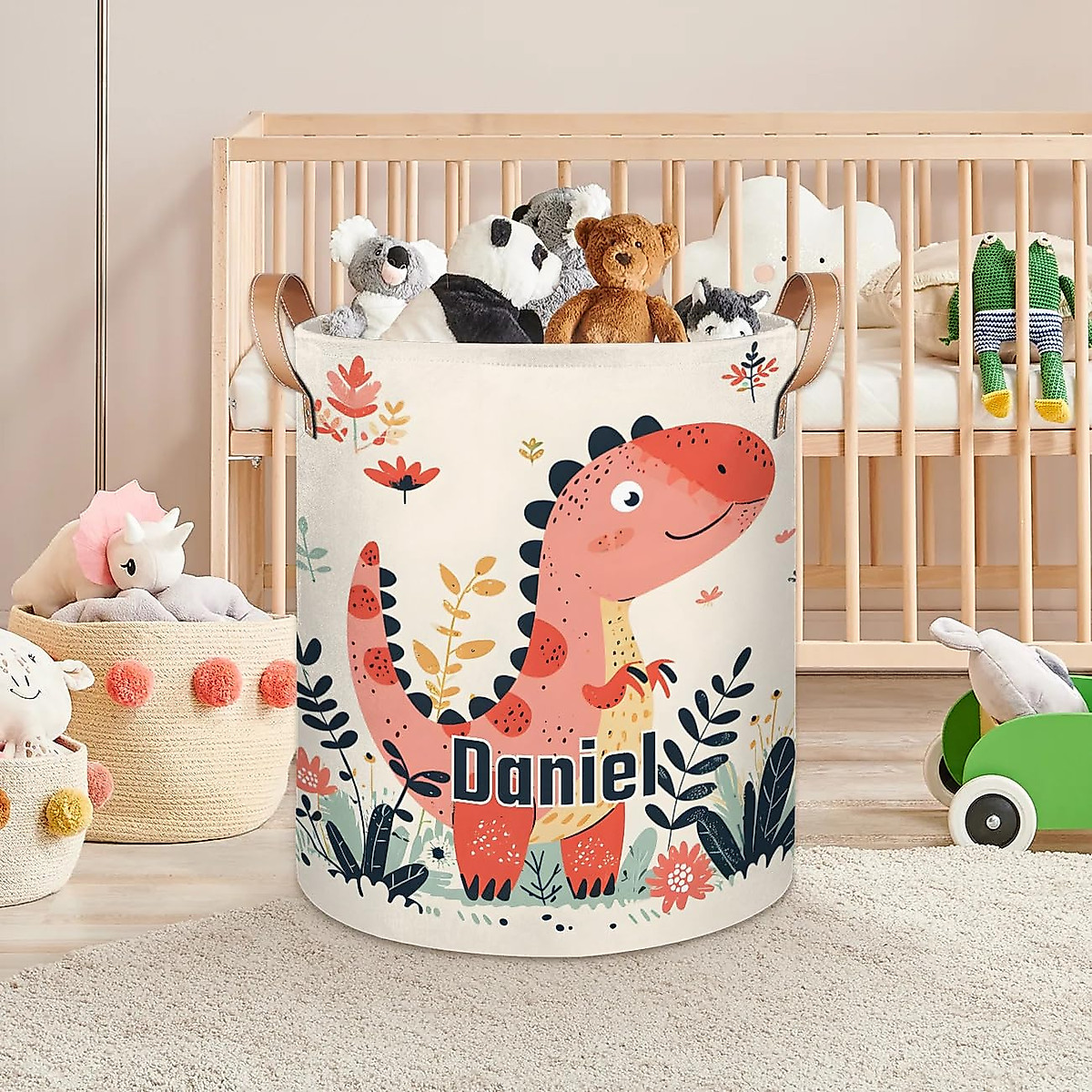Custom Laundry Hamper Toy Organization Basket with Name Foldable Clothes Storage Basket for Boys and Girls Dinosaur