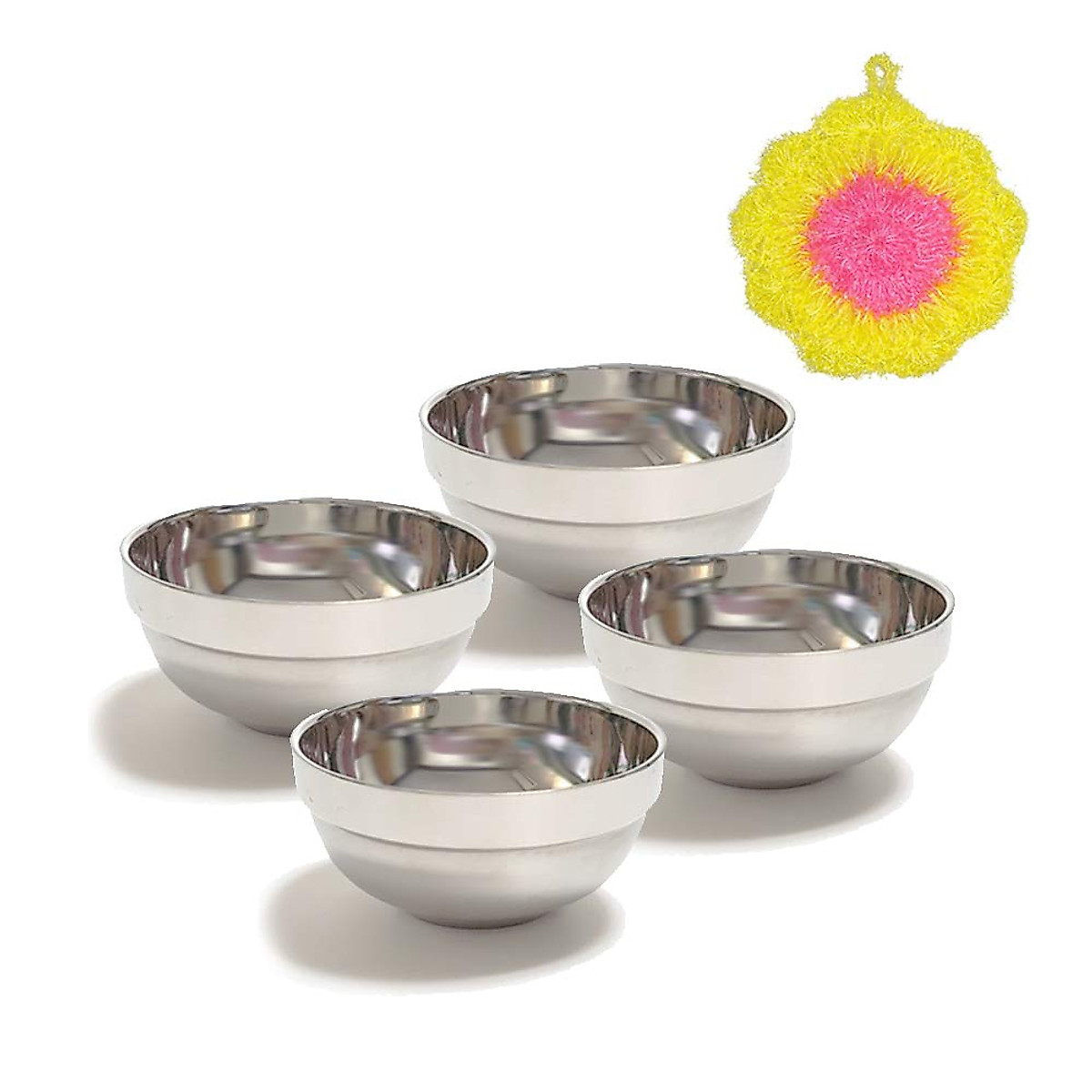 Stainless Steel Bowls 4 Pack & Dish Scrubber Set, Double-walled Insulated Metal Bowls for Cereal, Soup, Ice Cream, Rice, Noodles, Salad, Snacks