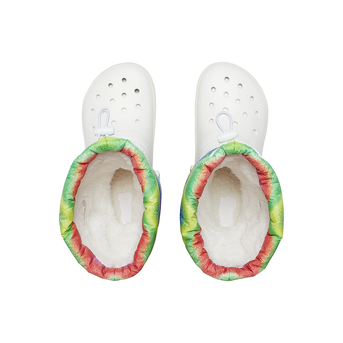 Crocs Classic Lined Neo Puff Fuzzy Winter Boots Snow, White/Multi Spray Dye, 2 US Unisex Little Kid