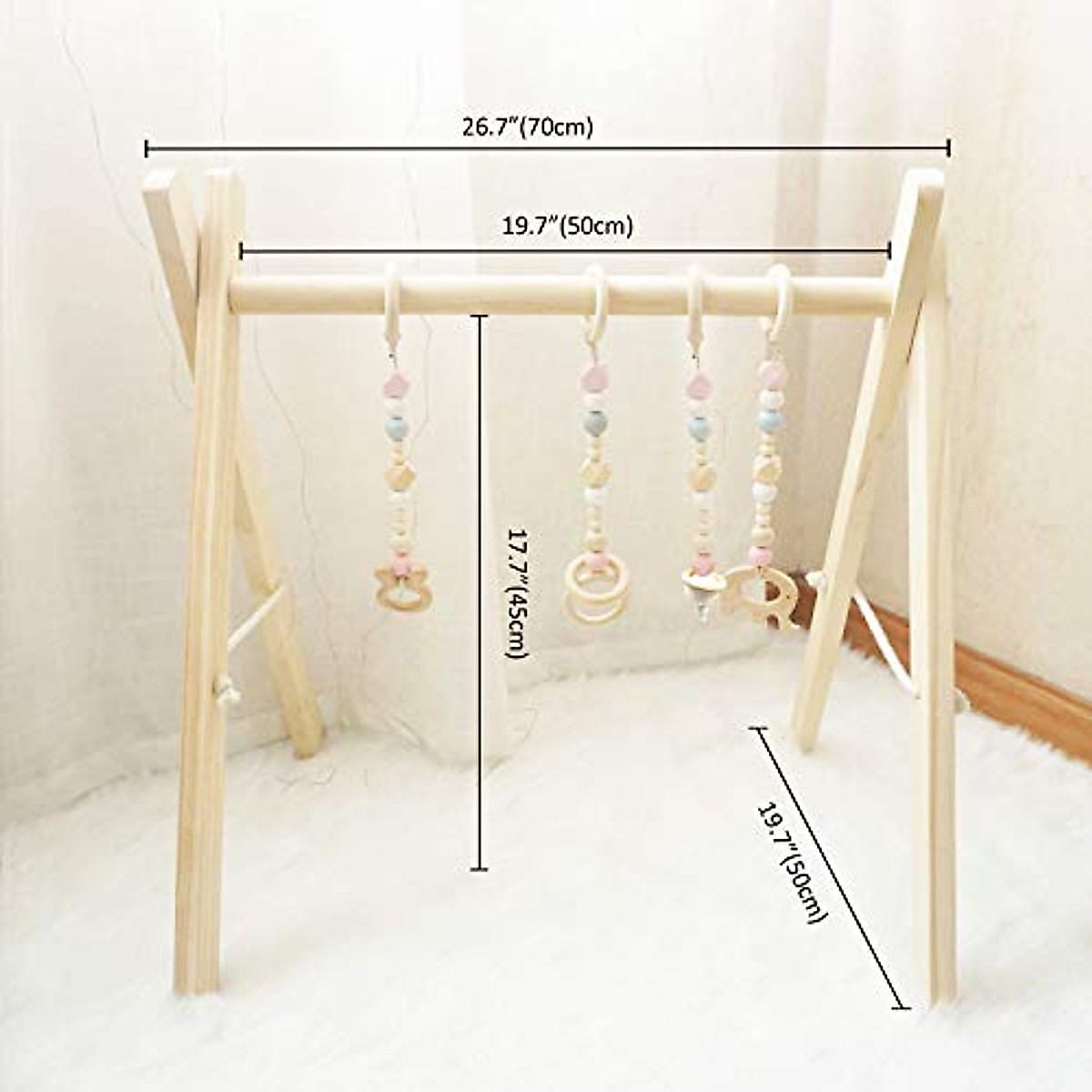 Cynzia Baby Play Gym, Wooden Baby Gym with 4 Infant Toys, Foldable Wood Gyms Frame Hanging Bar for Toddler, Newborn, Baby Girls and Boys Shower Gift Play Toys