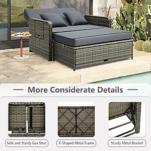 Tangkula Patio Rattan Daybed Set, Wicker Loveseat Sofa w/Multipurpose Ottoman & Retractable Side Tray, 4-Level Adjustable Backrest, Footstool w/Storage, Seat & Back Cushion Included (Gray)