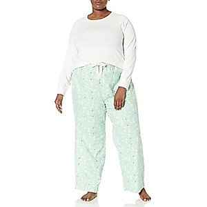 Amazon Essentials Women's Lightweight Flannel Pant and Long-Sleeve T-Shirt Sleep Set, Mint Green Forest Animals, Medium