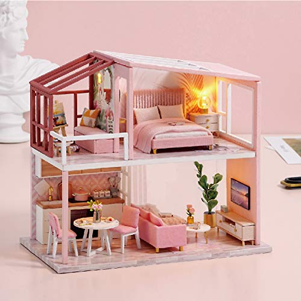 Fsolis DIY Miniature Dollhouse Kit with Furniture and Lights, 3D Wooden Modern Tiny House 2 Story Gifts for Teens Adult