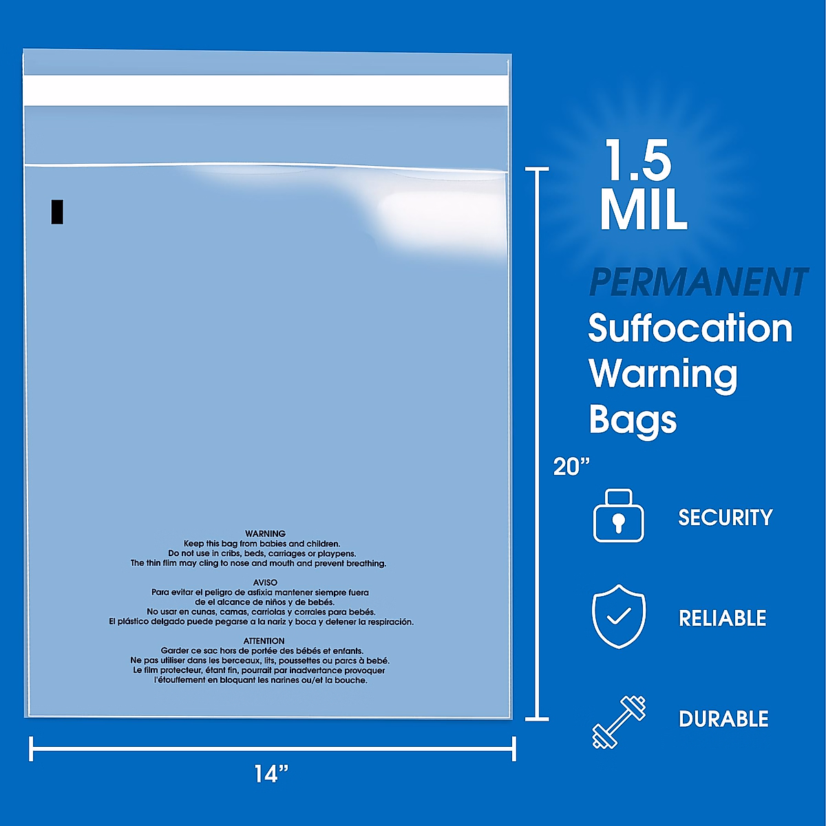 Spartan Industrial - 14" X 20" (500 Count) Self Seal Clear Poly Bags with Suffocation Warning for Packaging, Clothes - Permanent Adhesive