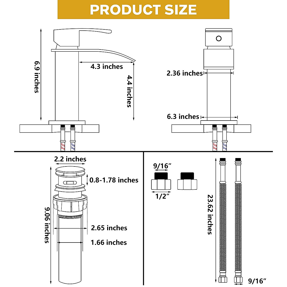 KZH Waterfall Bathroom Faucet,Single Handle Bathroom Sink Faucet for 1 or 3 Hole Washbasin Faucet Rv Vanity Faucet with Deck Plate, Pop-up Drain and Supply Hoses Chrome