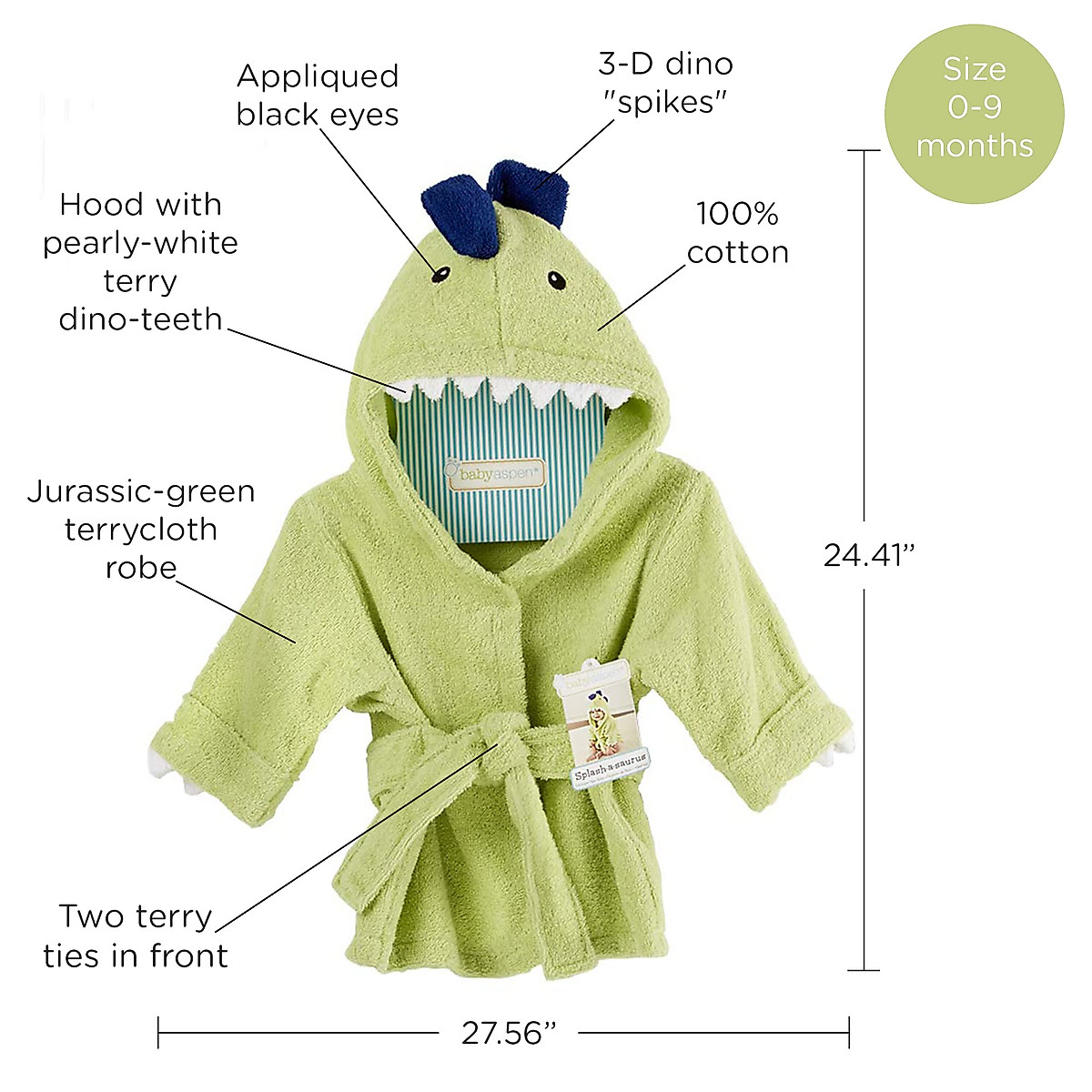 Baby Aspen "Splash-a-Saurus Dinosaur Hooded Towel Robe, 0-9 Months