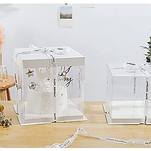 XININSUN 2Pcs Large Cake PET Clear Box, 10" X 10" X 9" with ribbon and pre-folded lid, for 8" cake packing carry, baking cookie display, Carry Tall Layer Gift, Festive Gift Box -White