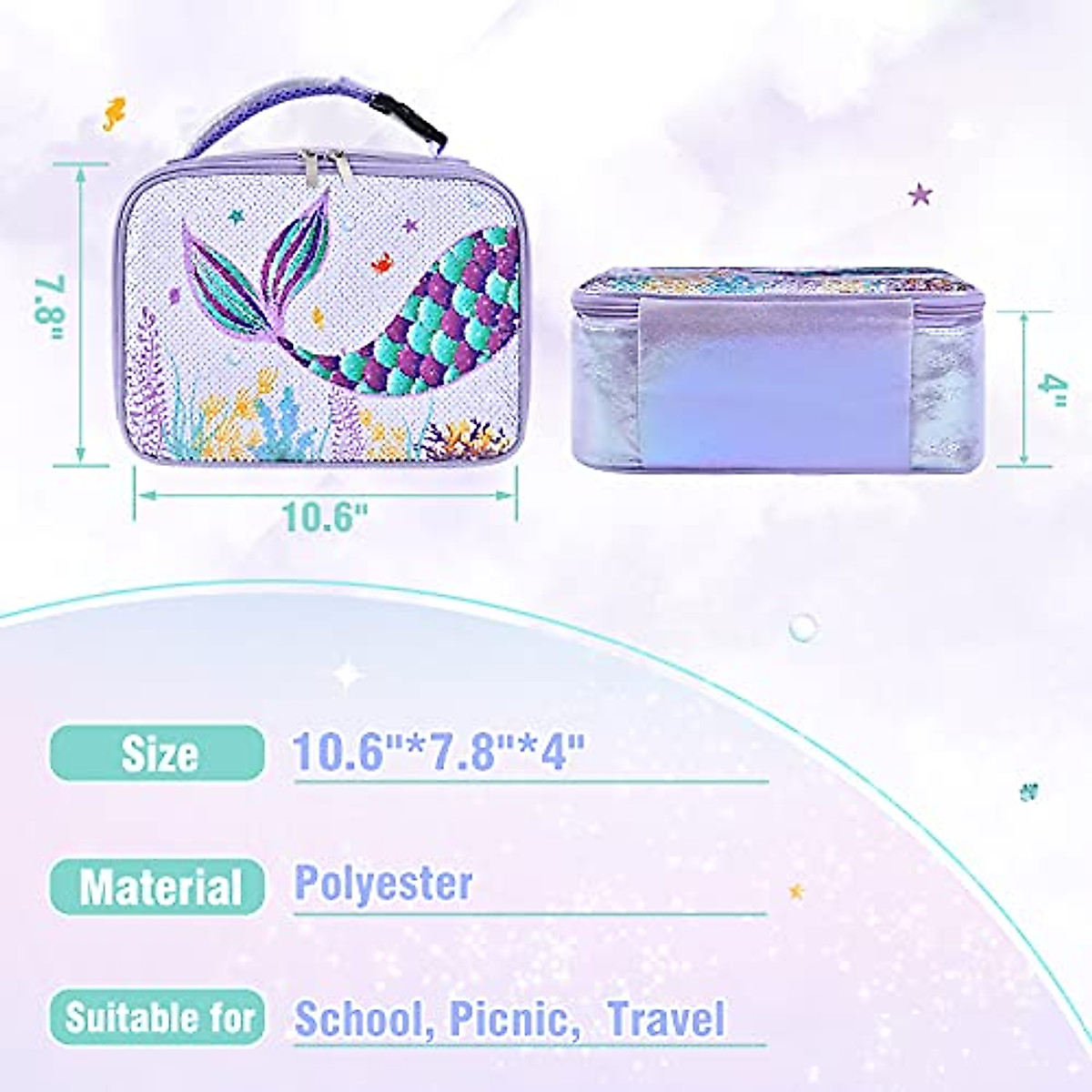 WERNNSAI Mermaid Lunch Box - Insulated Sequins Lunch Box for Girls Kids School Lunch Bag Preschool Kindergarten Elementary Picnic Thermal Lunch Tote Boxes with Handle Pocket and Bottle Pocket
