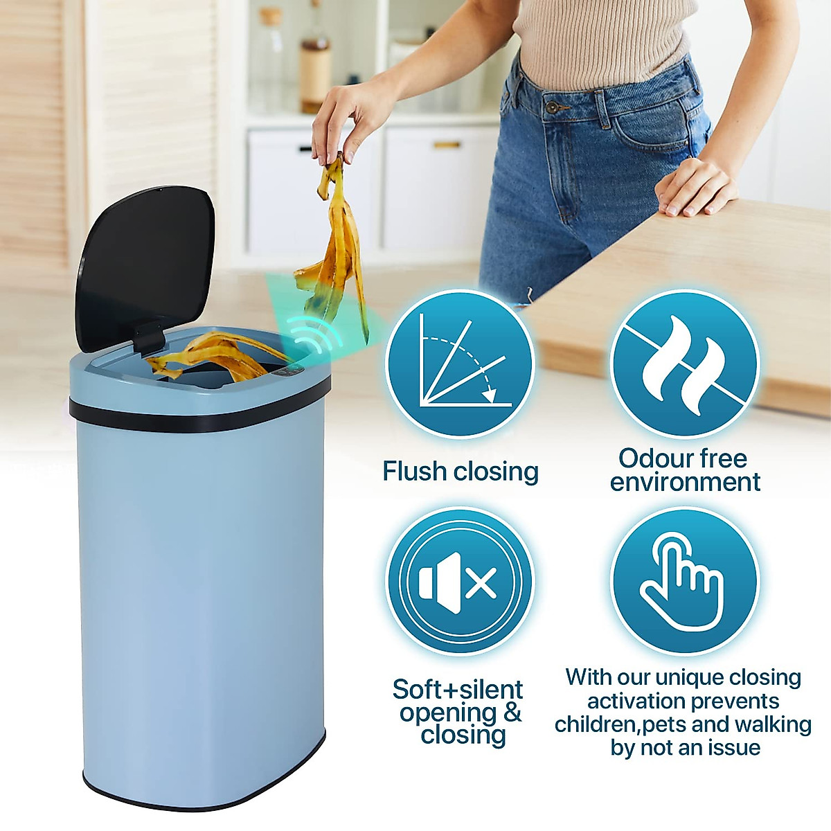 Dkeli Kitchen Trash Can for Bathroom Bedroom Home Office Automatic Touch Free High-Capacity Garbage Can with Lid Brushed Stainless Steel Waste Bin 13 Gallon / 50L - Blue