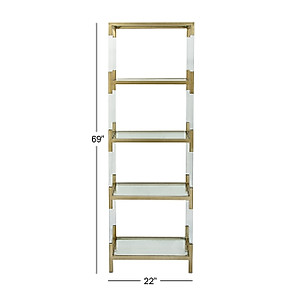 Deco 79 Metal Minimalistic 5 Tier Shelving Unit with Clear Glass Shelves and Acrylic Legs, 22" x 15" x 69", Gold
