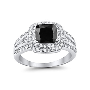 Halo Art Deco Wedding Engagement Ring Princess Cut Round Simulated Black Cubic Zirconia 925 Sterling Silver Size-6