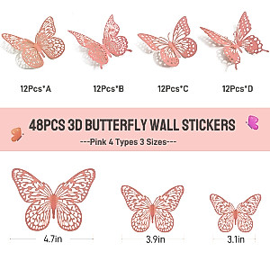 Butterfly Wall Stickers Decorations 3D Butterflies Decals for Girls Room Bedroom Nursery Decor Butterfly Birthday Party Decoration Wedding Cake Decorating 48pcs (Pink)