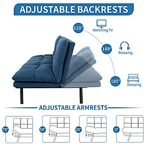 MUUEGM Futon Couch Convertible Memory Foam Sleeper Futon Sofa Bed, Adjustable Backrest Armrest Folding Futon, Modern Fabric Sofa Bed for Living Room, Apartment, Office, Small Room, 71” Blue