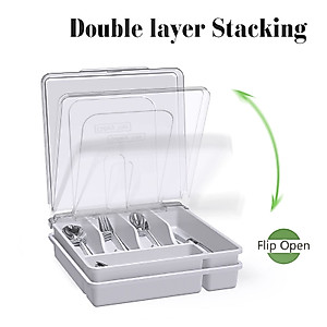 QINOL Silverware Holder with Lid, Double Layer Utensil Tray with Cover Large Flatware Organizer Plastic Cutlery Container for Kitchen Drawer Countertop 10 Compartments, White