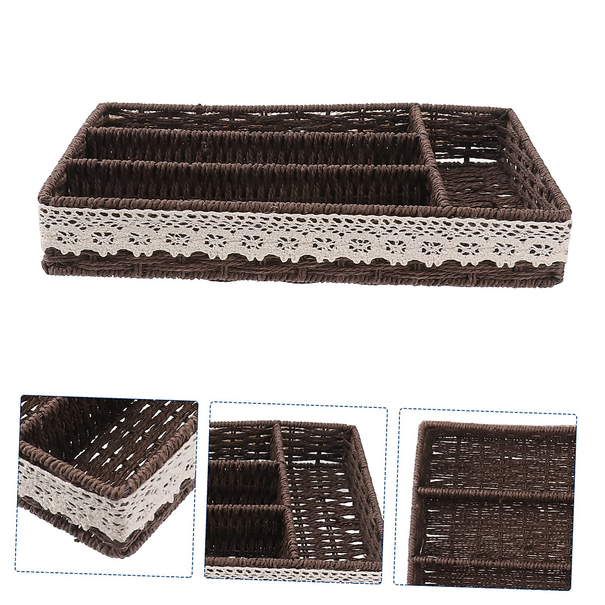 Cabilock Rattan Flatware Basket Kitchen Utensil Drawer Organizer with Dividers Natural Wicker Serving Basket Flatware Cutlery Organiser Tray for Flatware and Kitchen Utensils