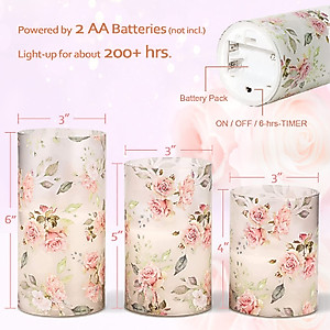 GORGE MOMENT Rose Flameless Candles Love Theme Battery Operated Glass Flickering LED Candle with Remote Pink Flower Decal Realistic Pillar Candles Bedroom Home Decor Table Ornament
