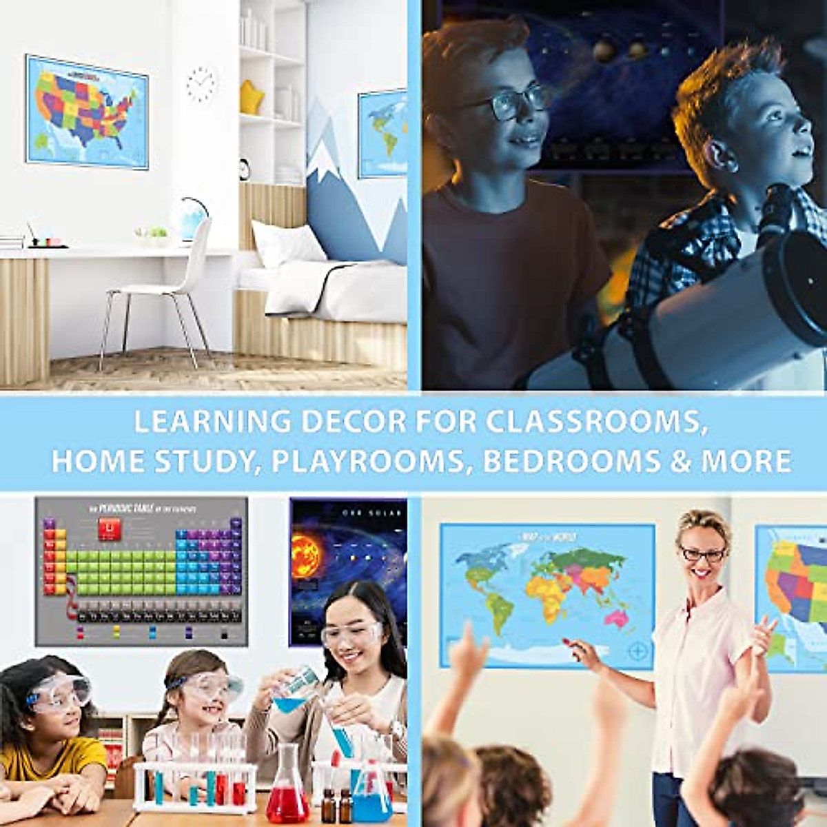 Classroom Wall Posters - Solar System, Periodic Table, World Map & USA Maps for Kids - Visual Learning Aid for Children and Schools - Laminated & Durable
