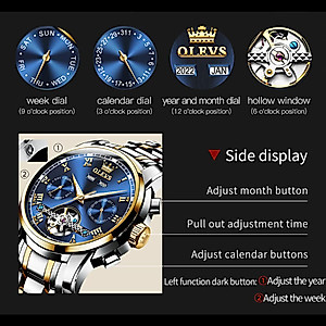 OLEVS Mens Watches Automatic Watches for Men Self Winding Watch Silver Gold Stainless Steel Watch Blue Dial Watch Skeleton Tourbillon Men's Wrist Watches Luxury Big Face Watch for Men