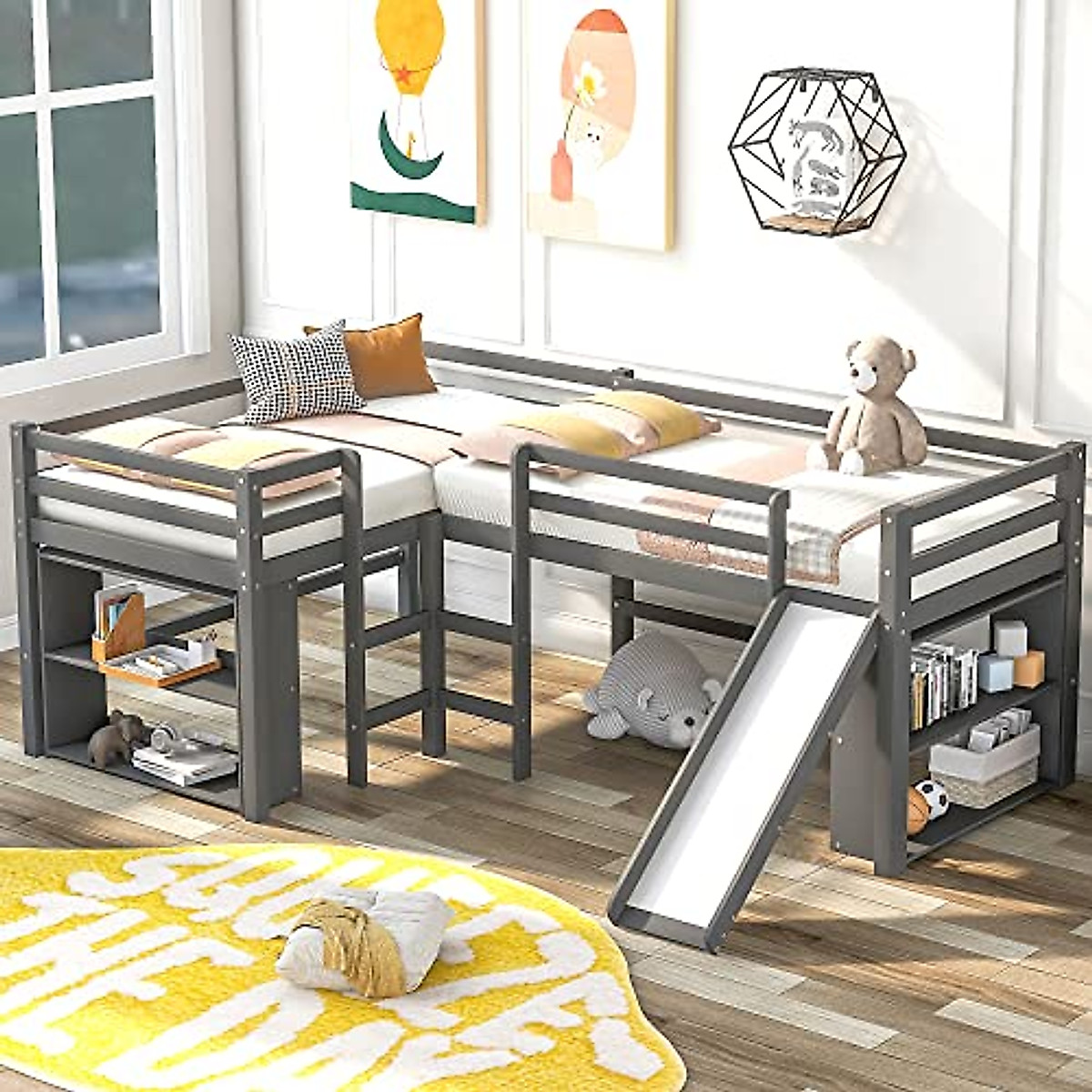 GLORHOME L-Shaped Twin Size Loft Bed, Space Saving Corner Loftbed Frame with Slide, Movable Two-Tier Shelves and Full-Length Guardrail for Kids,Modern Bedroom Furniture, Grey (Low loft Bed)