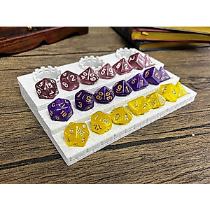 MunnyGrubbers - Dice Display Rack Shelf - Dice Jail - Dice Holder - (3 x Random 7PCS D20 Dice Set Included) - Display Up to 3 Sets of Dice and Vials - Dungeons and Dragons - DND - D&D - (Silver)