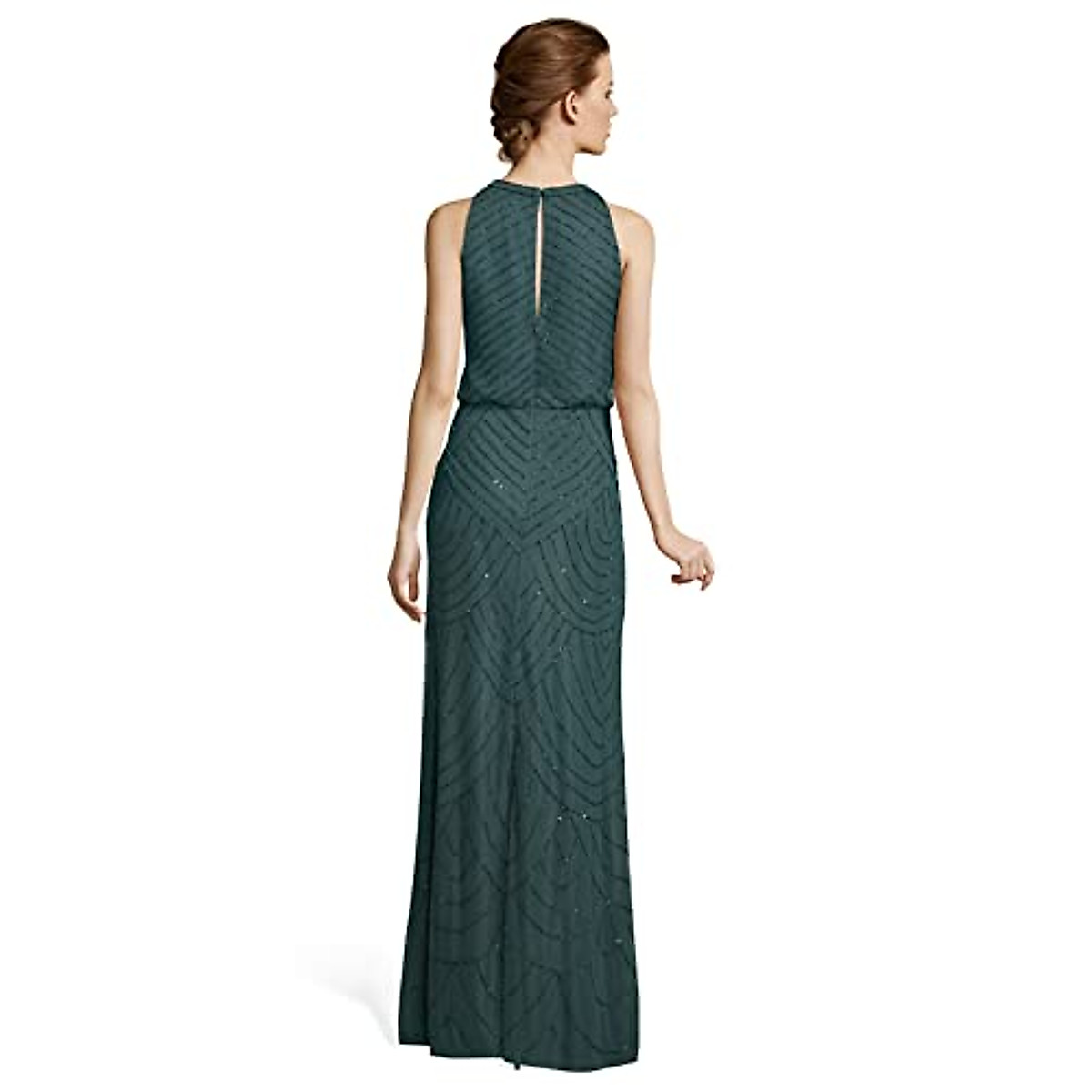 Adrianna Papell Womens Art Deco Beaded Blouson Dress with Halter Neckline, Dusty Emerald, 12