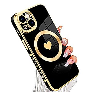 tharlet Magnetic for iPhone 14 Case Black [Compatible with Magsafe] Cute Love Luxury Plating Edge Bumper Case with Full Camera Lens Case for iPhone 14 Phone Case, Black (6.1")